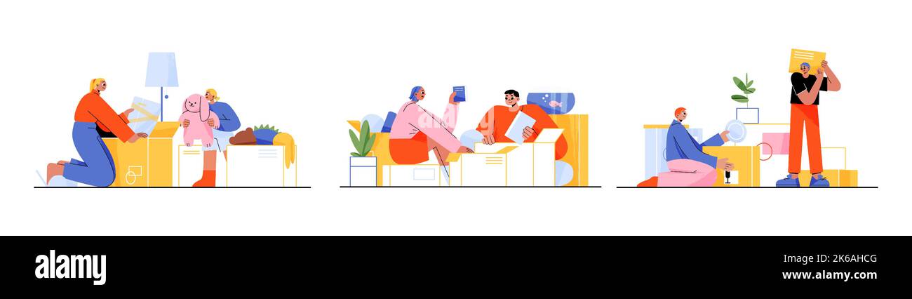 Happy family moving into new house, people relocation. Mother, father ...