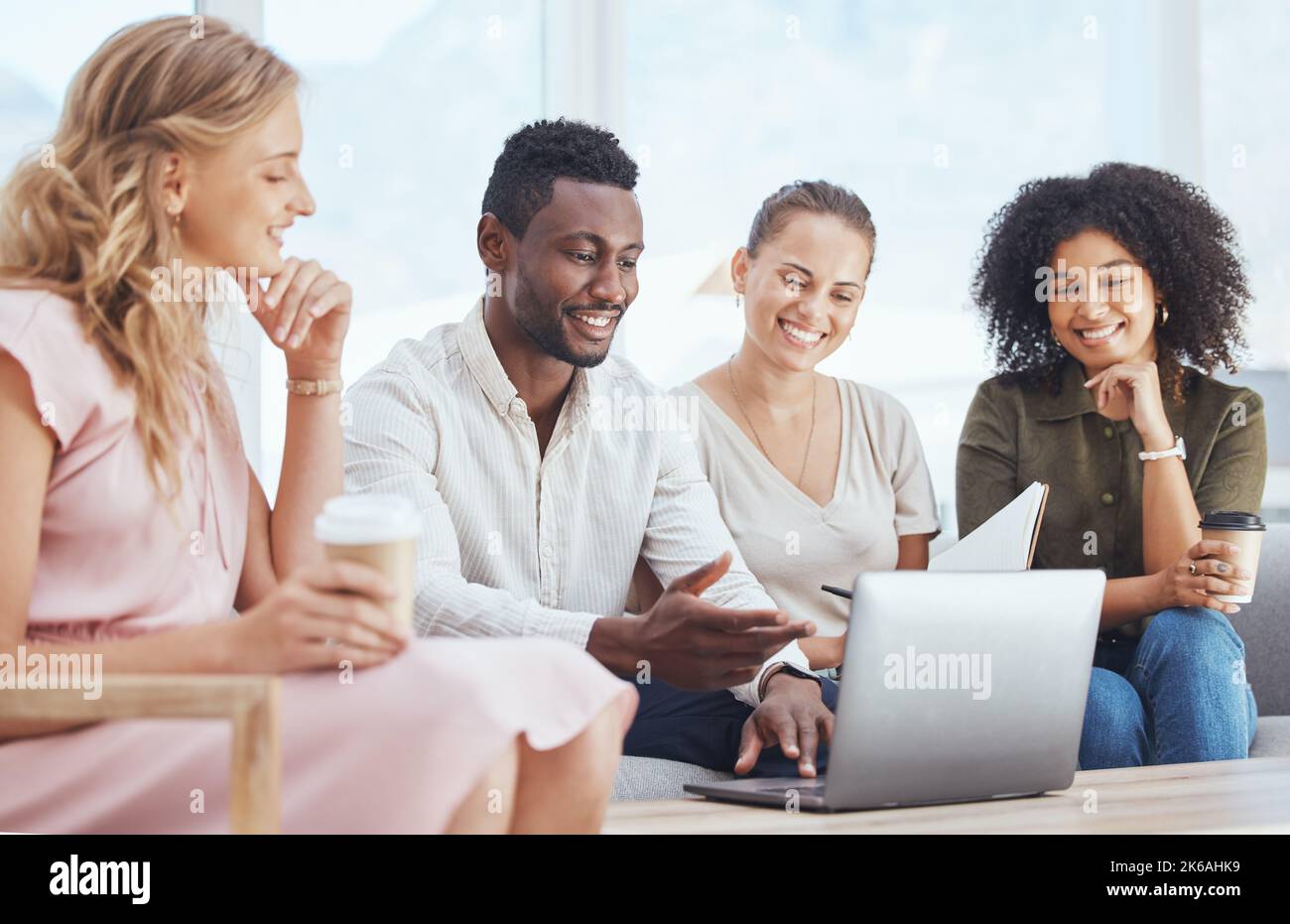 Business people, laptop planning and working in modern office for collaboration, team meeting ...