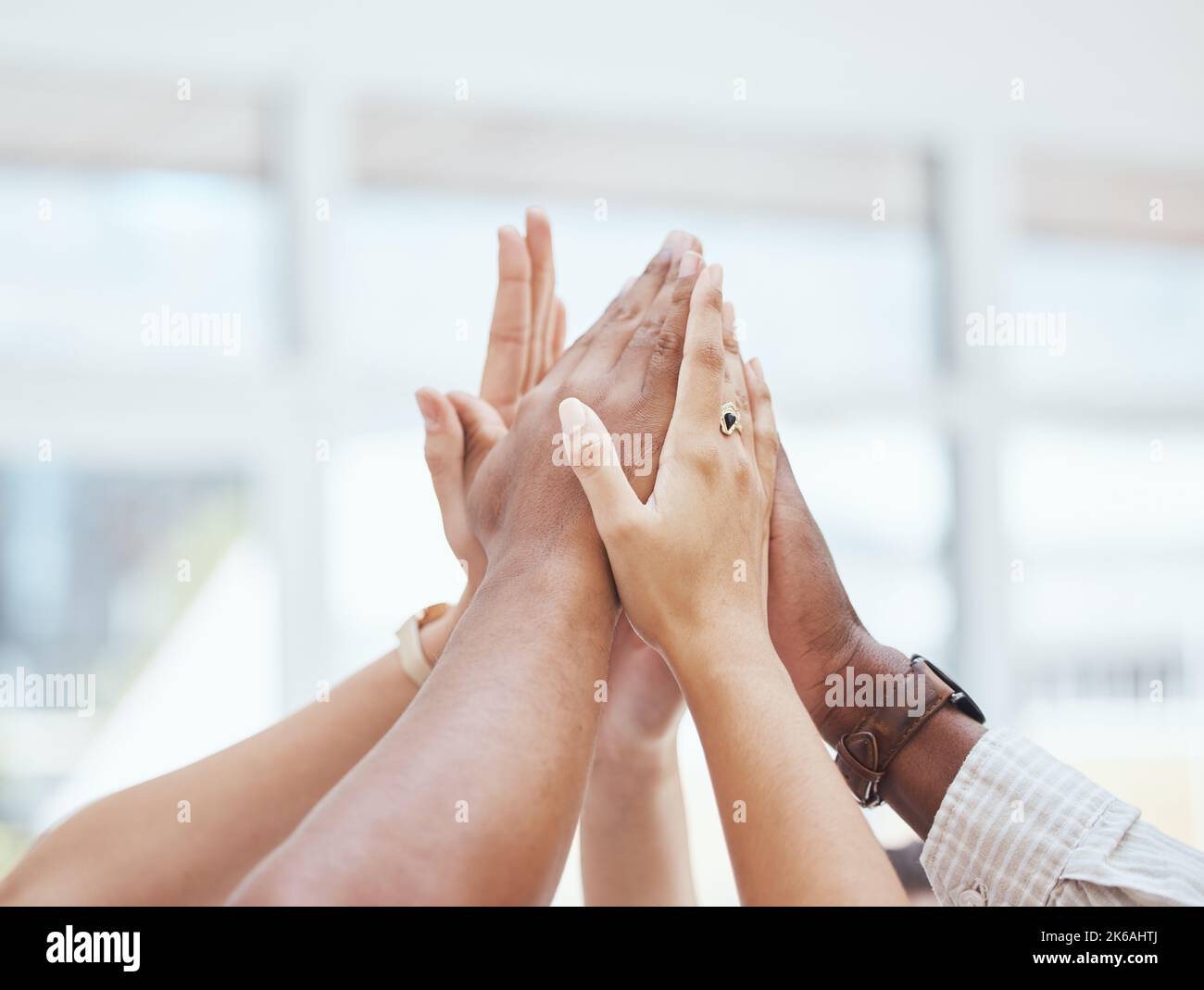 Hands high five, employee teamwork and business staff excited support ...