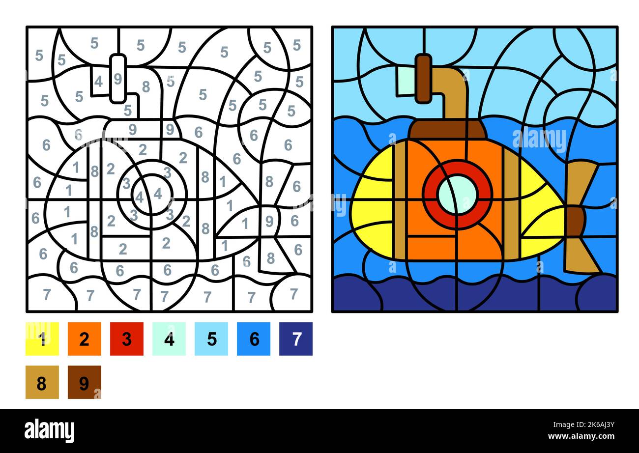 Puzzle game color by number submarine. Vector coloring page for ...