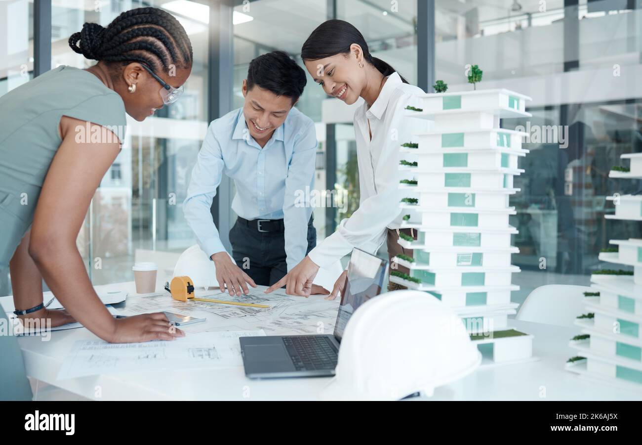 Team, architect and talking about construction in office for building ...