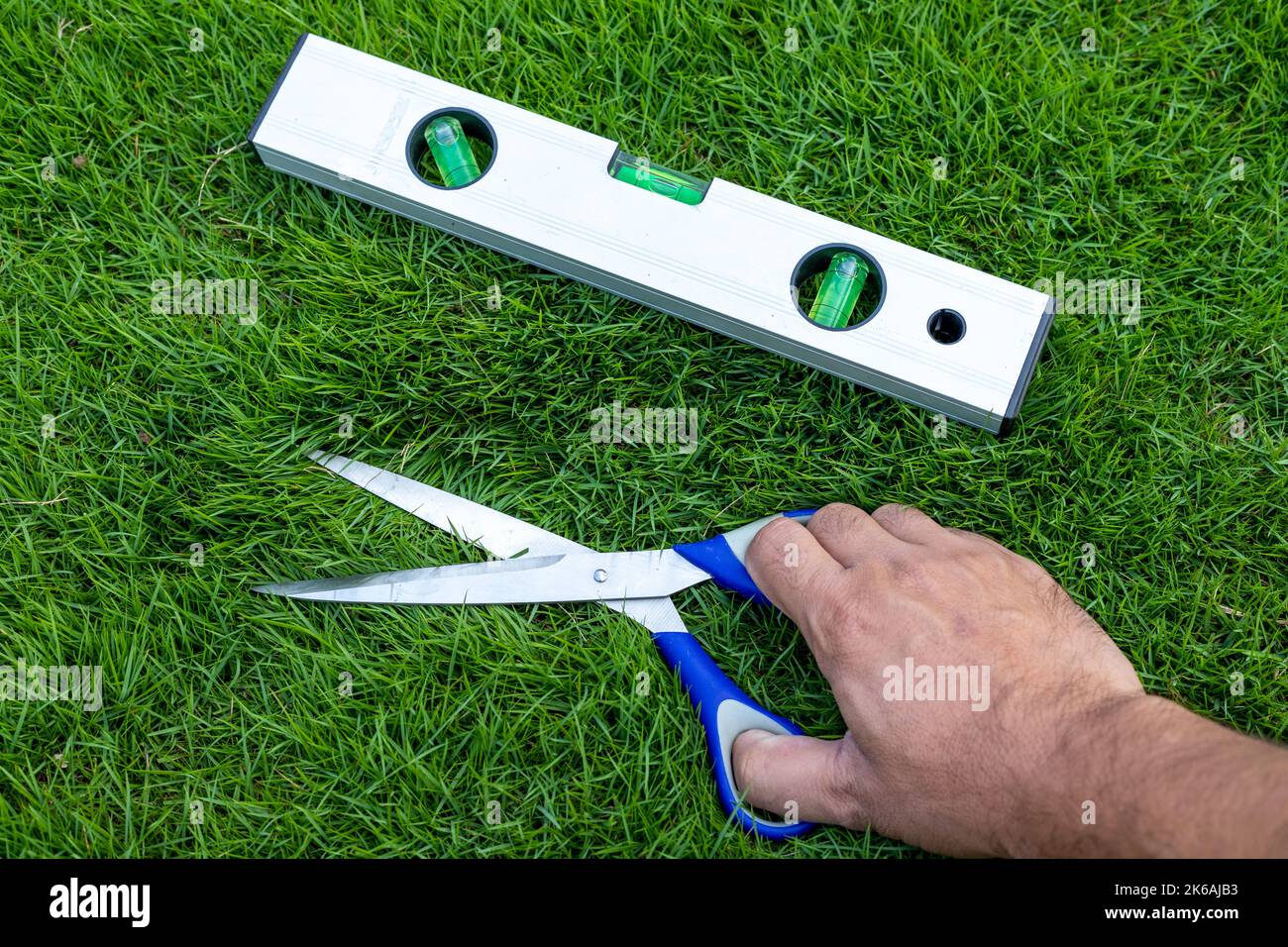 Cutting the grass with scissors and using level tool to level the lawn ...