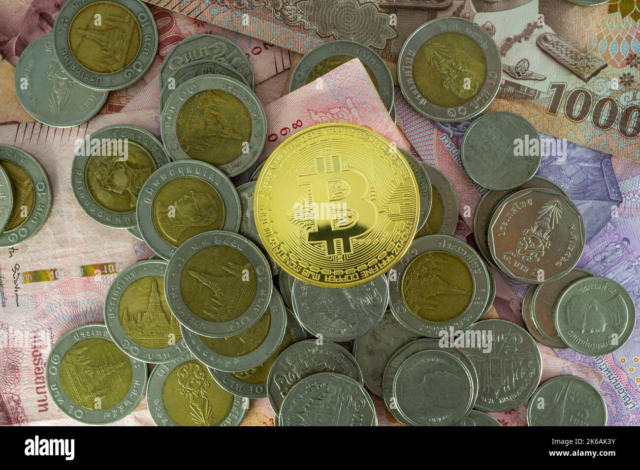 Bitcoin and set of Thai money, banknotes and coins, business banking ...