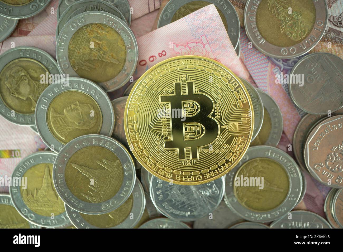 Bitcoin and set of Thai money, banknotes and coins, business banking ...