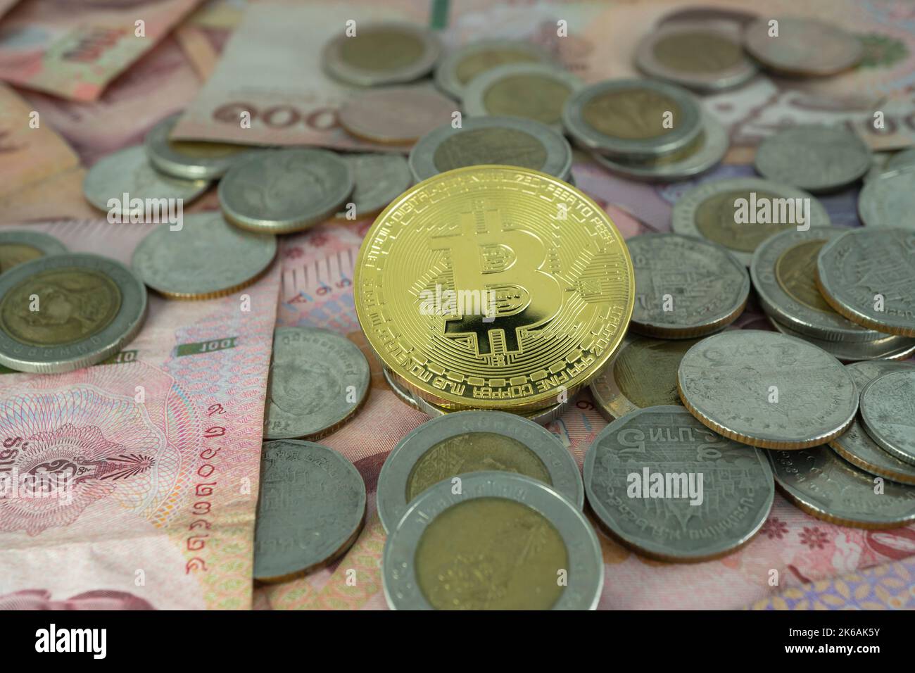 Bitcoin and set of Thai money, banknotes and coins, business banking ...