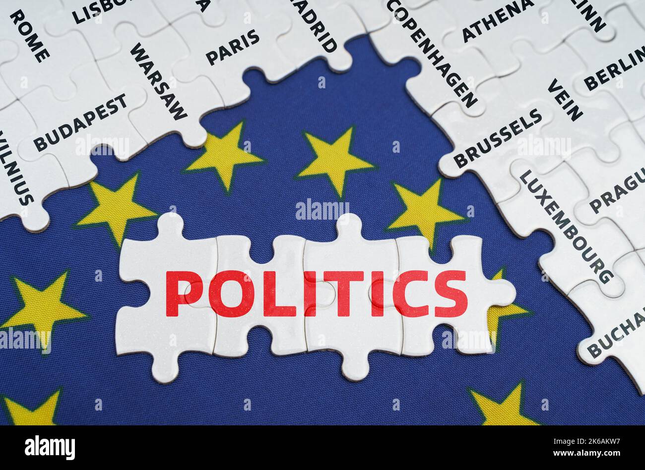European Union concept. The EU flag has city name puzzles and puzzles ...