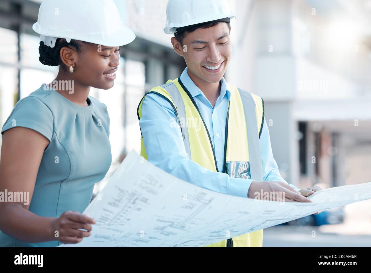 Architect, team and building blueprint for planning at construction ...