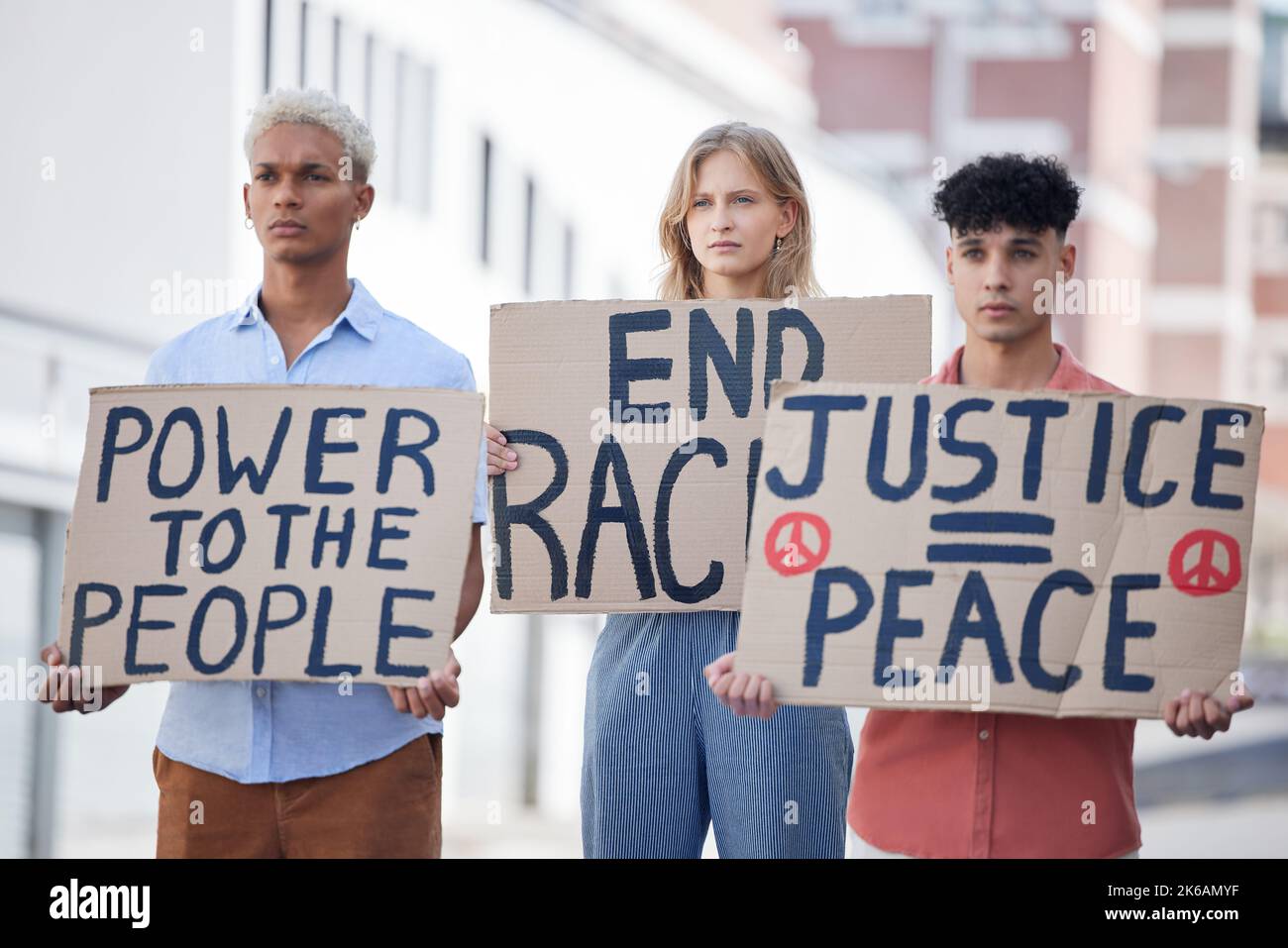 Protest, crowd and poster of peace, racism and justice in city street ...