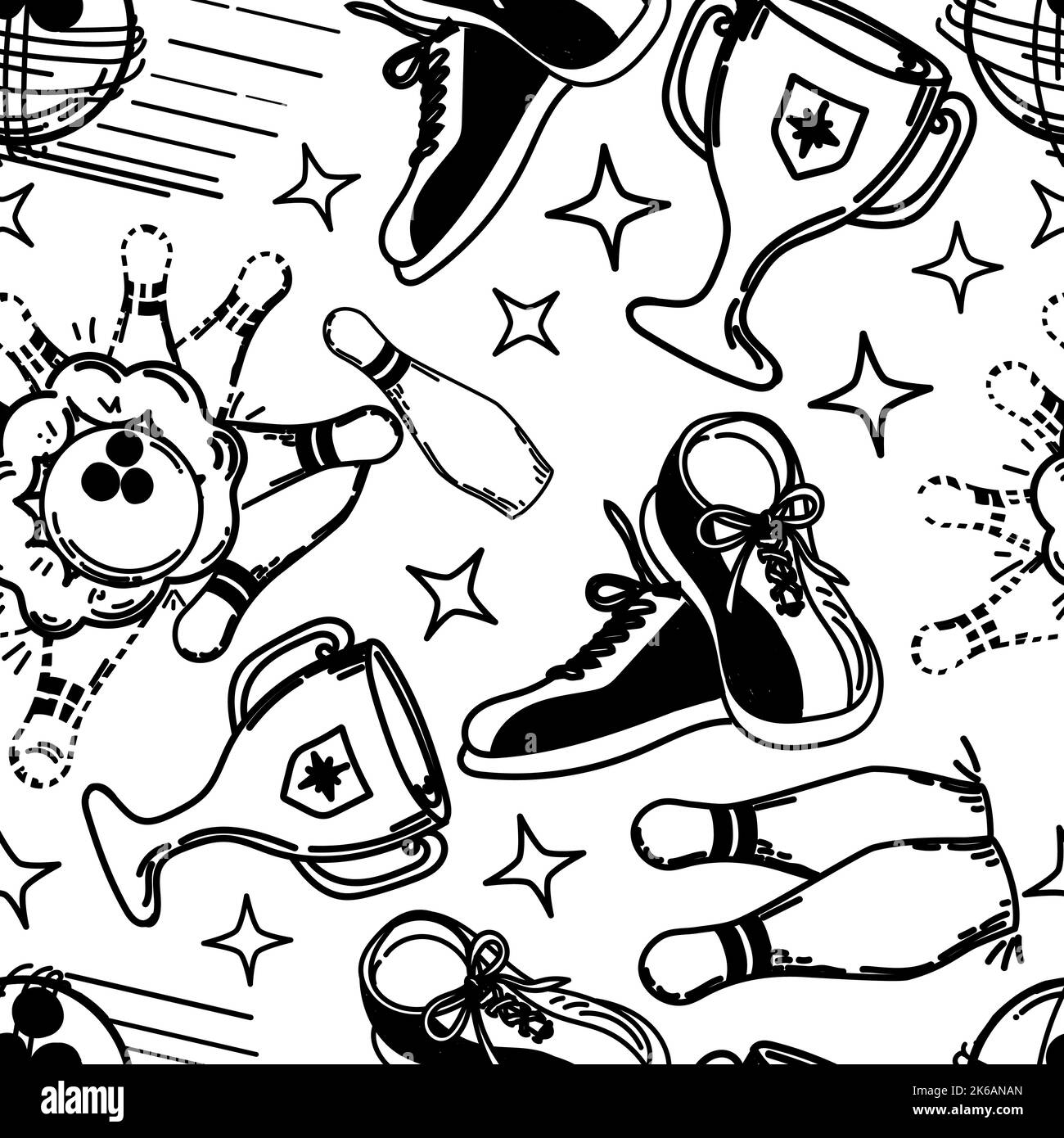 A seamless pattern of hand-drawn elements with a bowling theme. Bowling ...