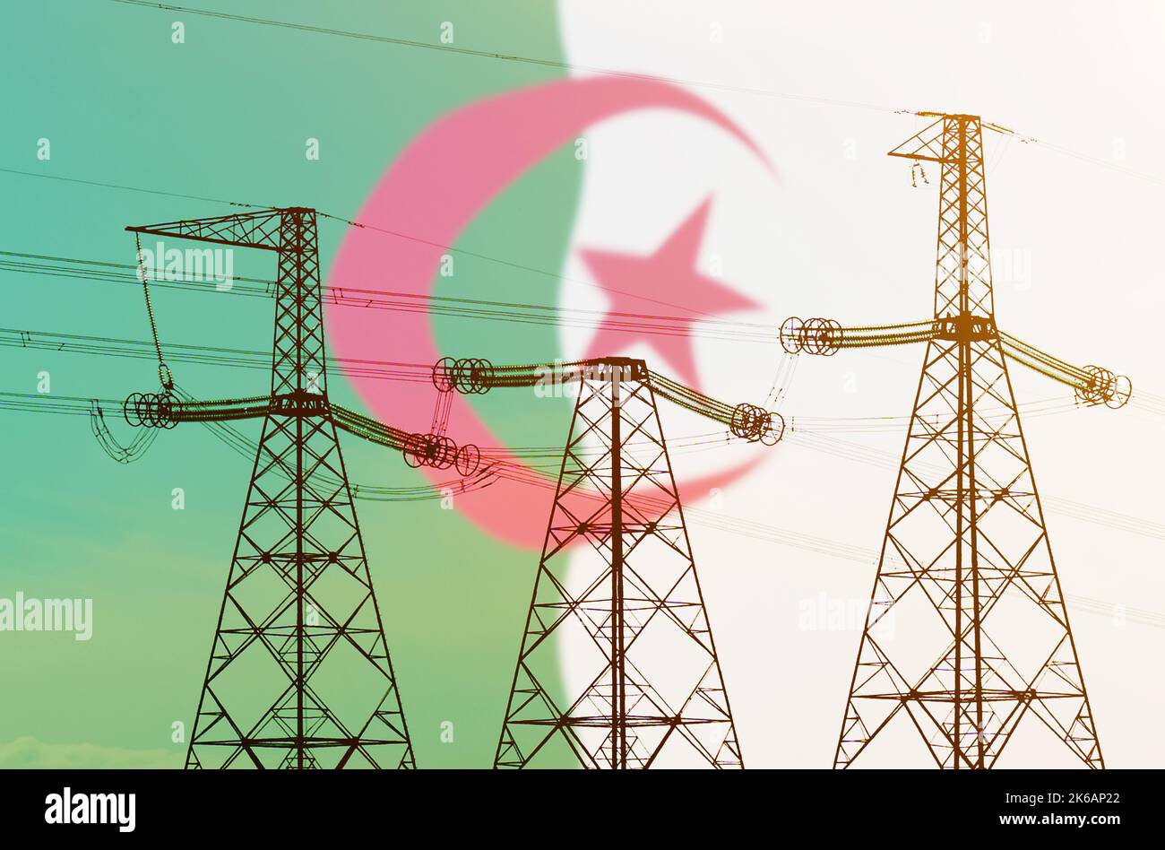 Industry and energy concept. Double exposure - power line, tower and ...