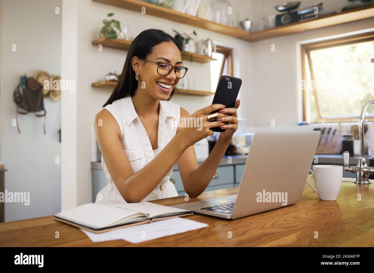 Remote work, home and business woman with phone for communication ...