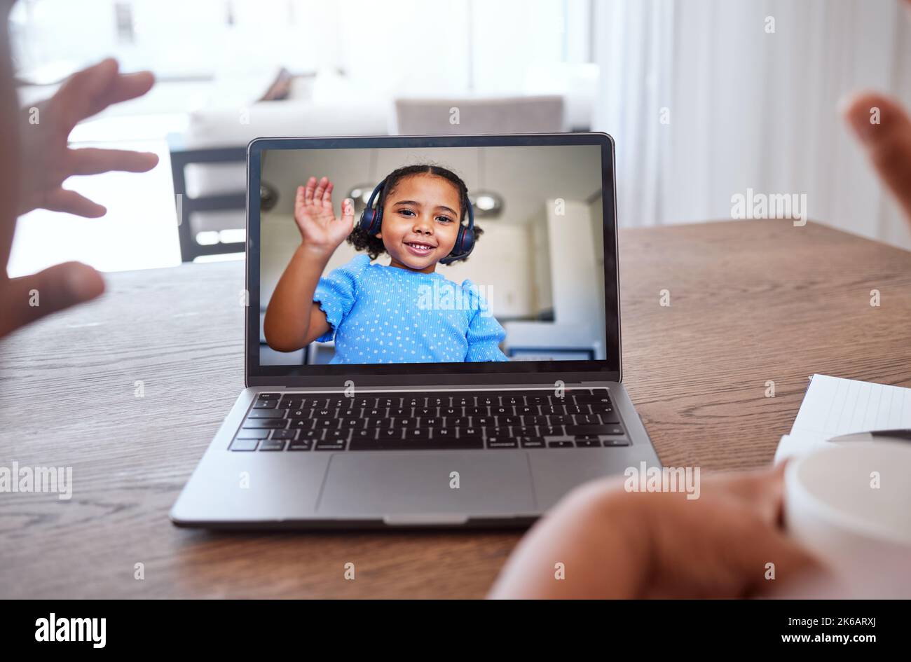 Laptop, video call and child wave at family, teacher and to connect ...