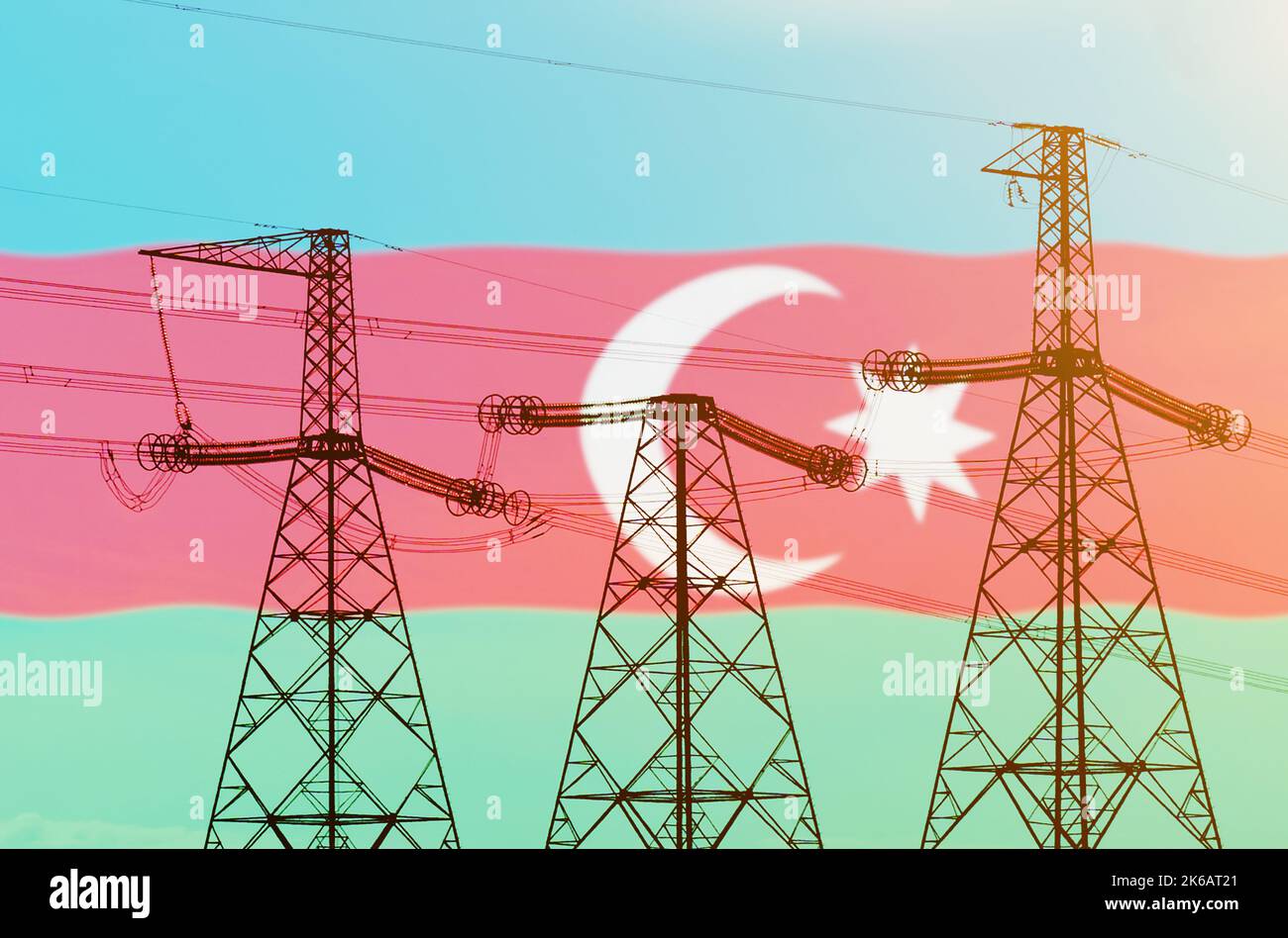 Industry and energy concept. Double exposure - power line, tower and ...