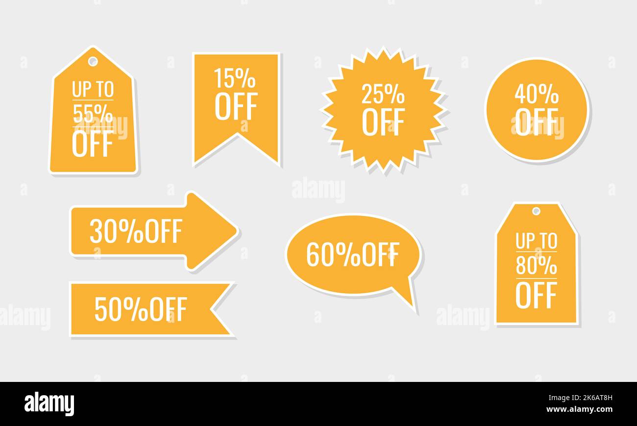 Collection of yellow price tags with discounts in different shapes ...