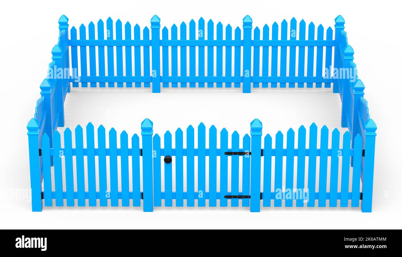 Wooden picket fence on white background that separates the objects. 3d ...