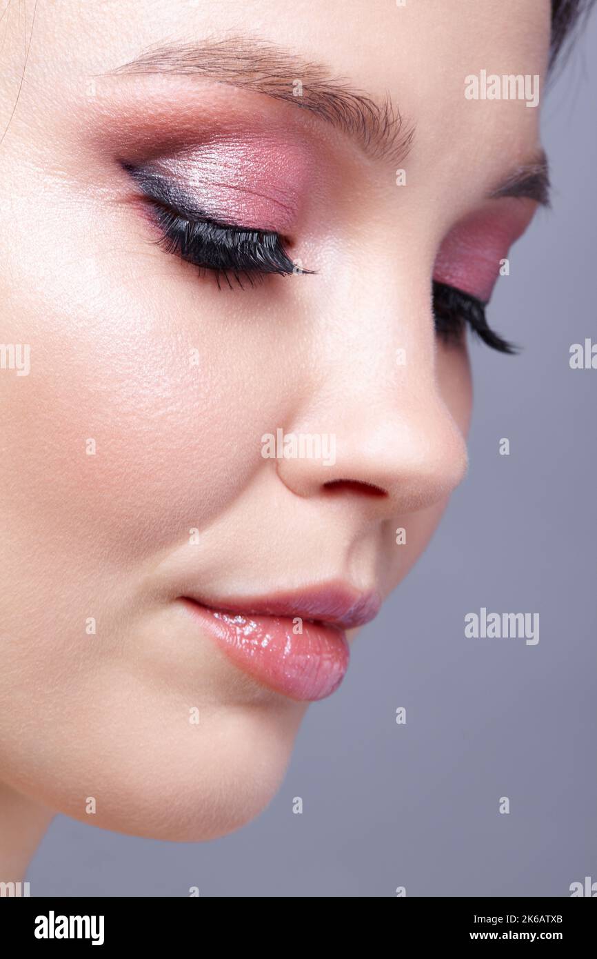 Closeup shot of human woman face. Female with natural face and eyes ...