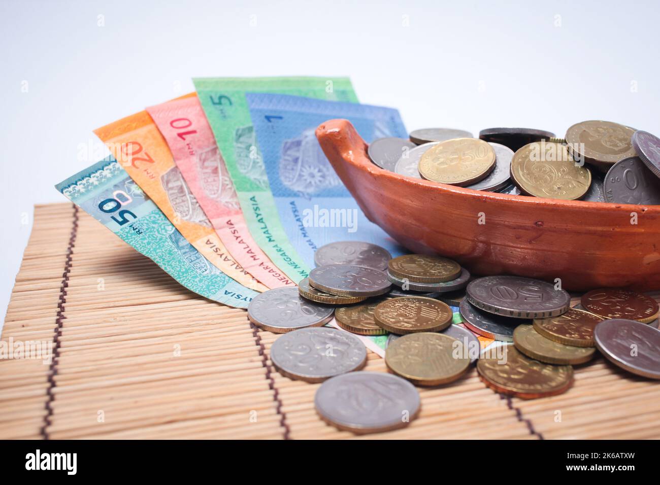 Malaysia Ringgit note and coins isolated on white background. Business ...