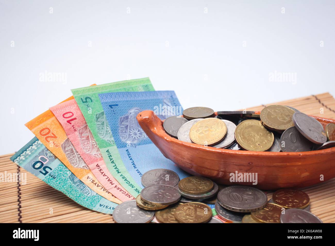 Malaysia Ringgit note and coins isolated on white background. Business ...