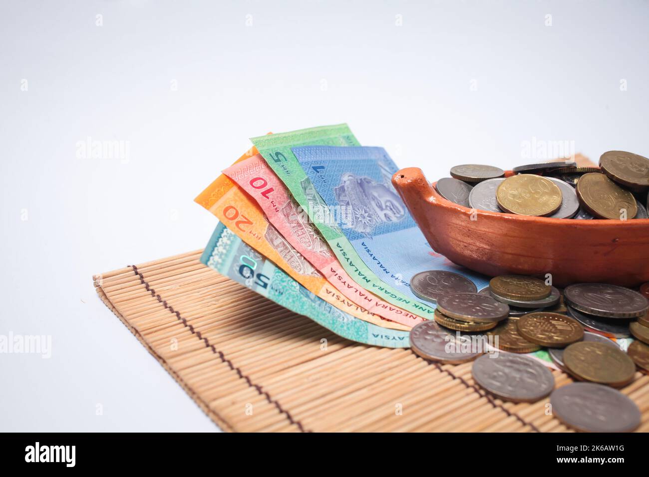 Malaysia Ringgit note and coins isolated on white background. Business ...