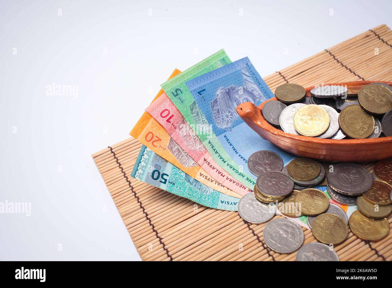 Malaysia Ringgit note and coins isolated on white background. Business ...