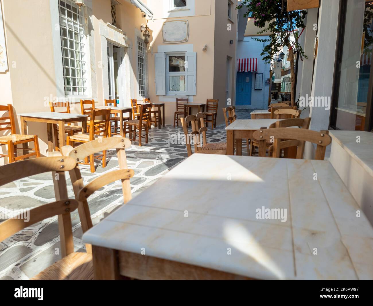 Greek outdoors traditional tavern restaurant at Tinos island, Chora ...
