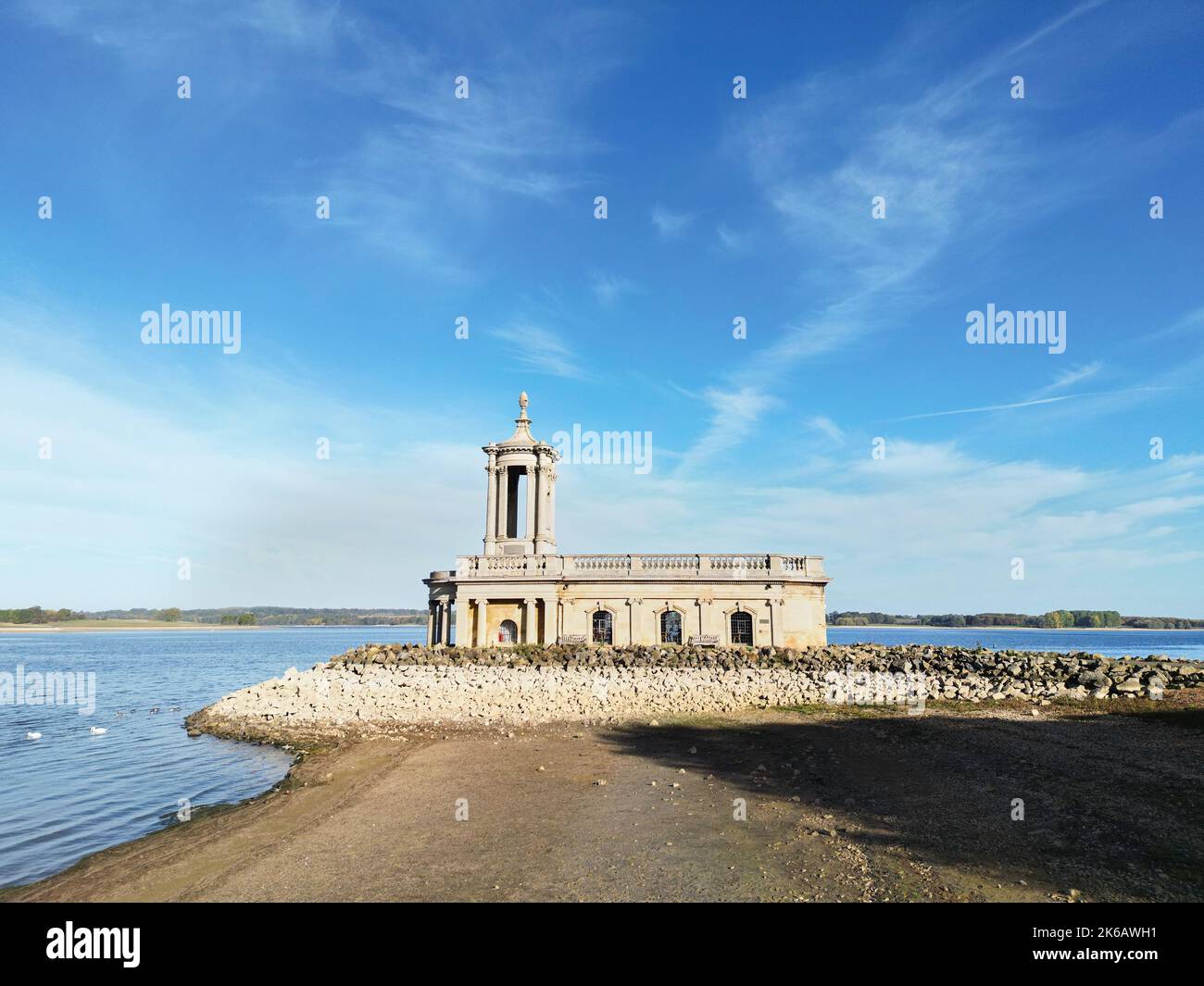 A partially submerged church after a dry summer at the reservoir beside ...