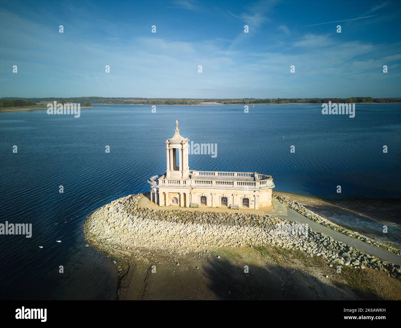 A partially submerged church after a dry summer at the reservoir beside ...