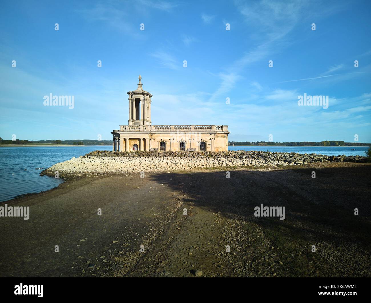 A partially submerged church after a dry summer at the reservoir beside ...