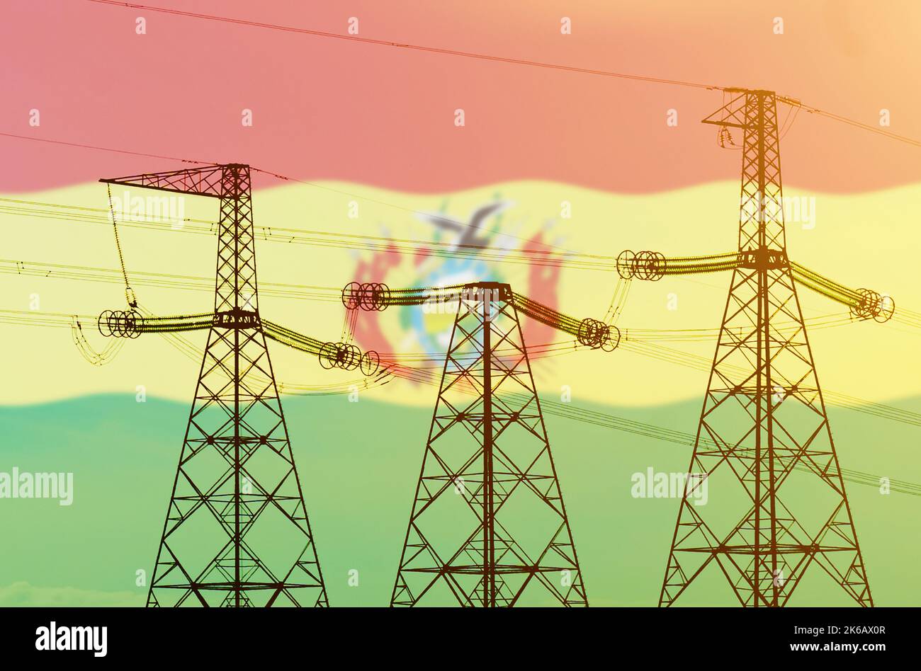 Industry and energy concept. Double exposure - power line, tower and ...