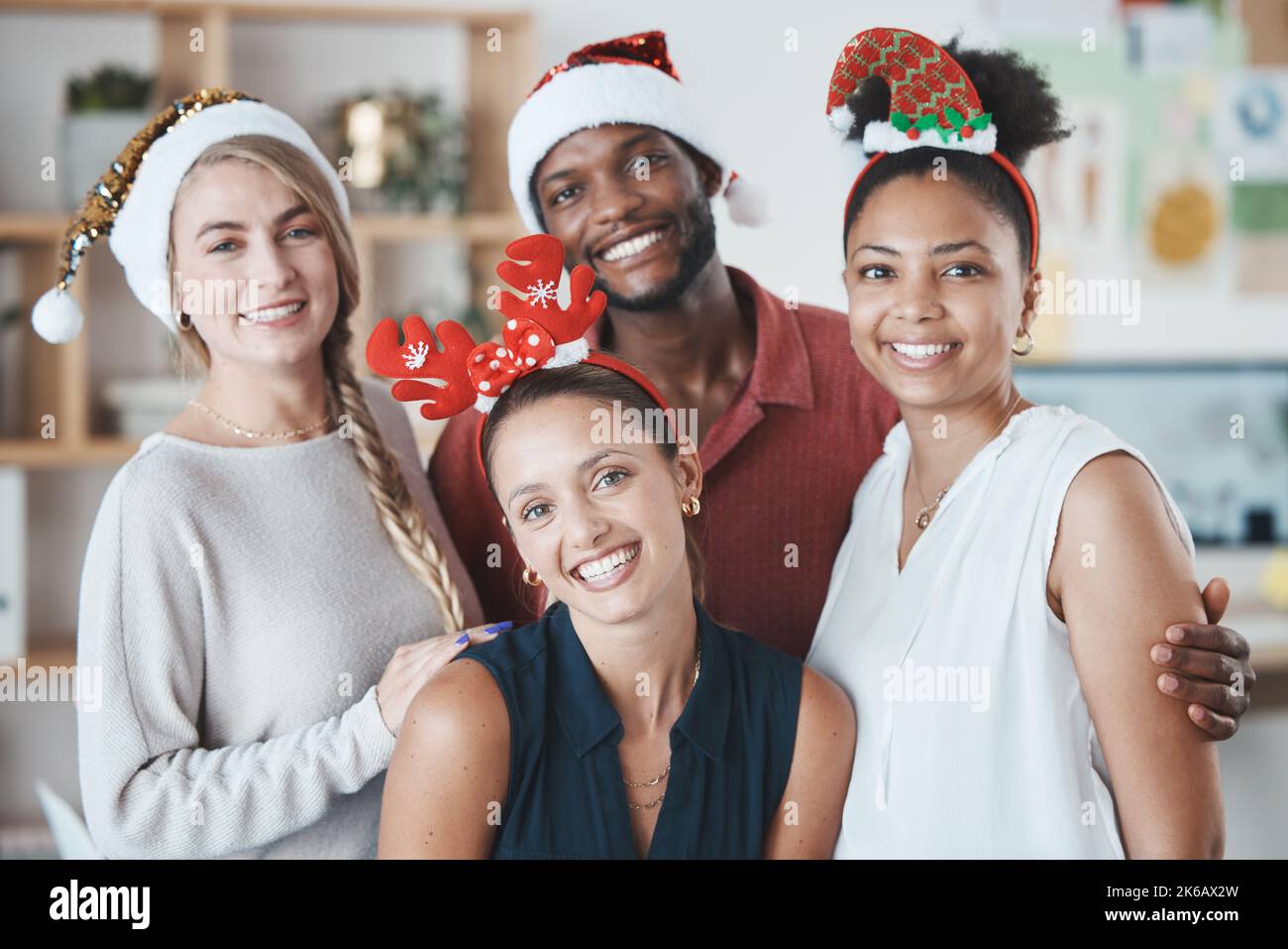 Office team, Christmas party and celebration with a smile at work ...