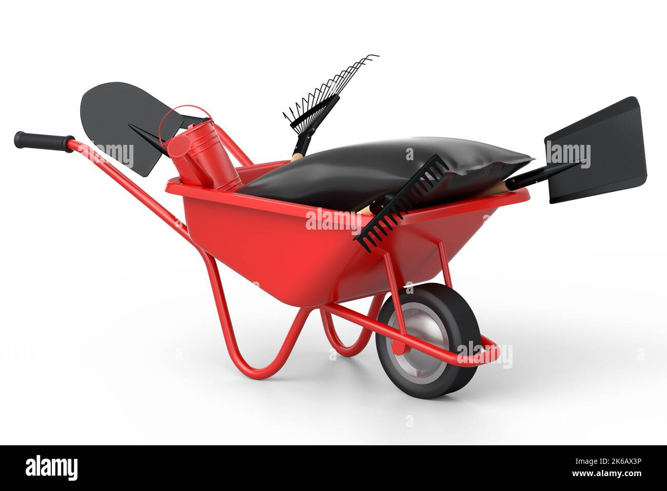 Garden wheelbarrow with garden tools like shovel, watering can and fork ...