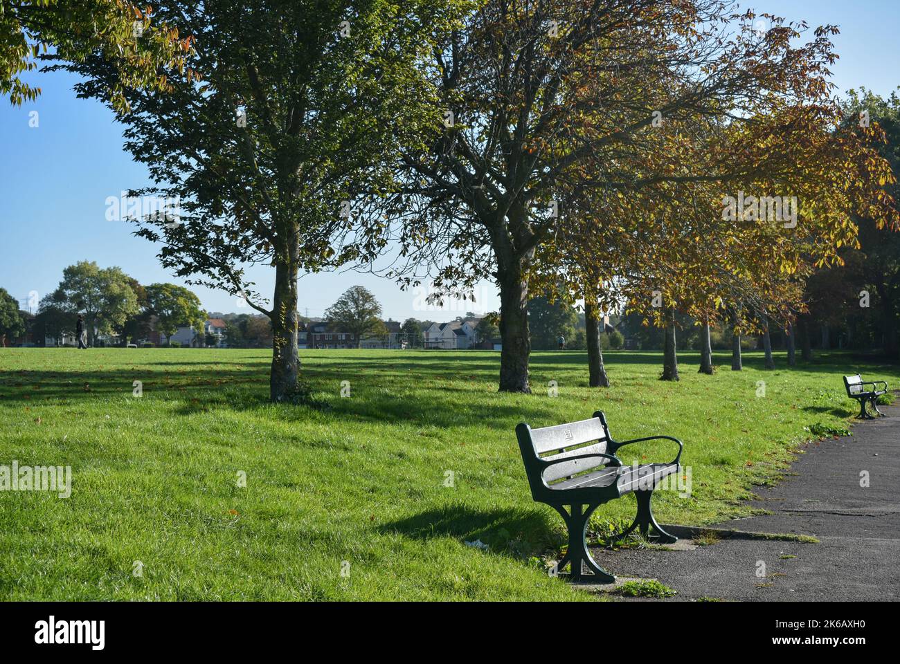 Public park in England with autumnal trees and an empty bench on a cool ...