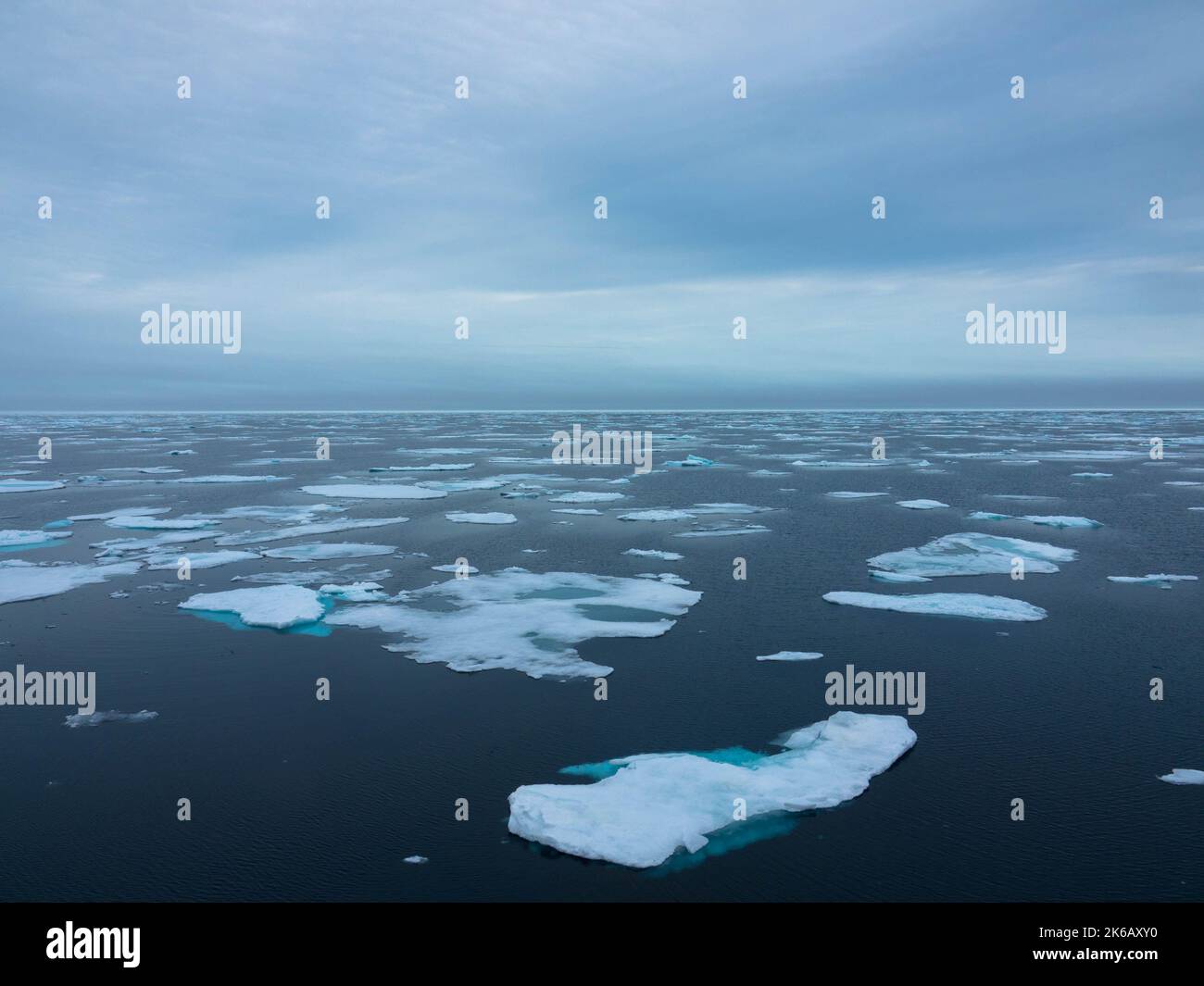 Floating Pack Ice in the arctic ocean. The snow covered blue glacial ...