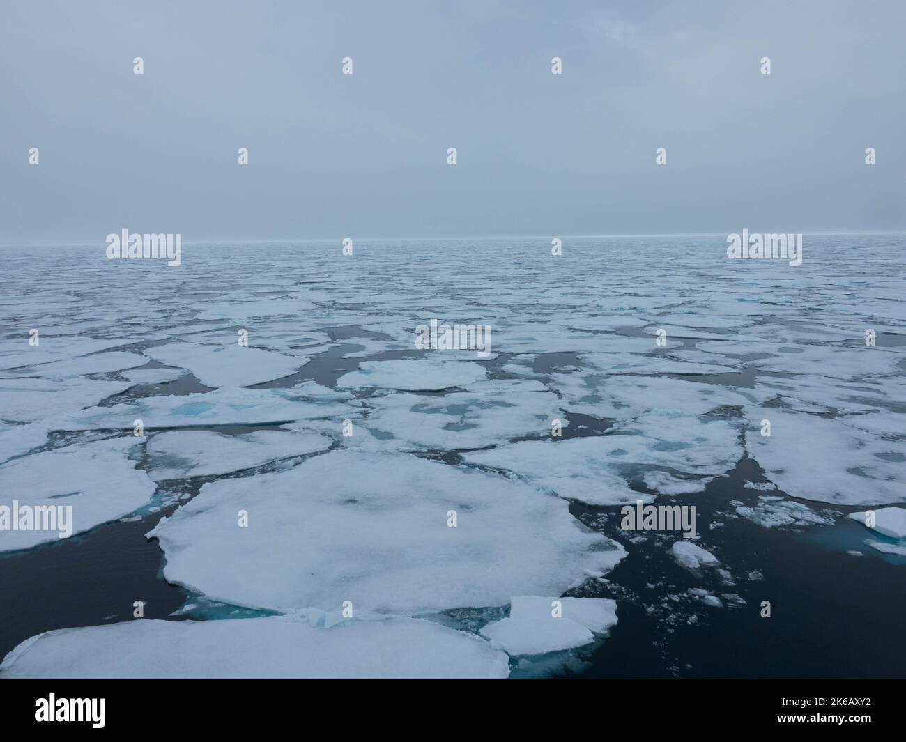 Floating Pack Ice in the arctic ocean. The snow covered blue glacial ...