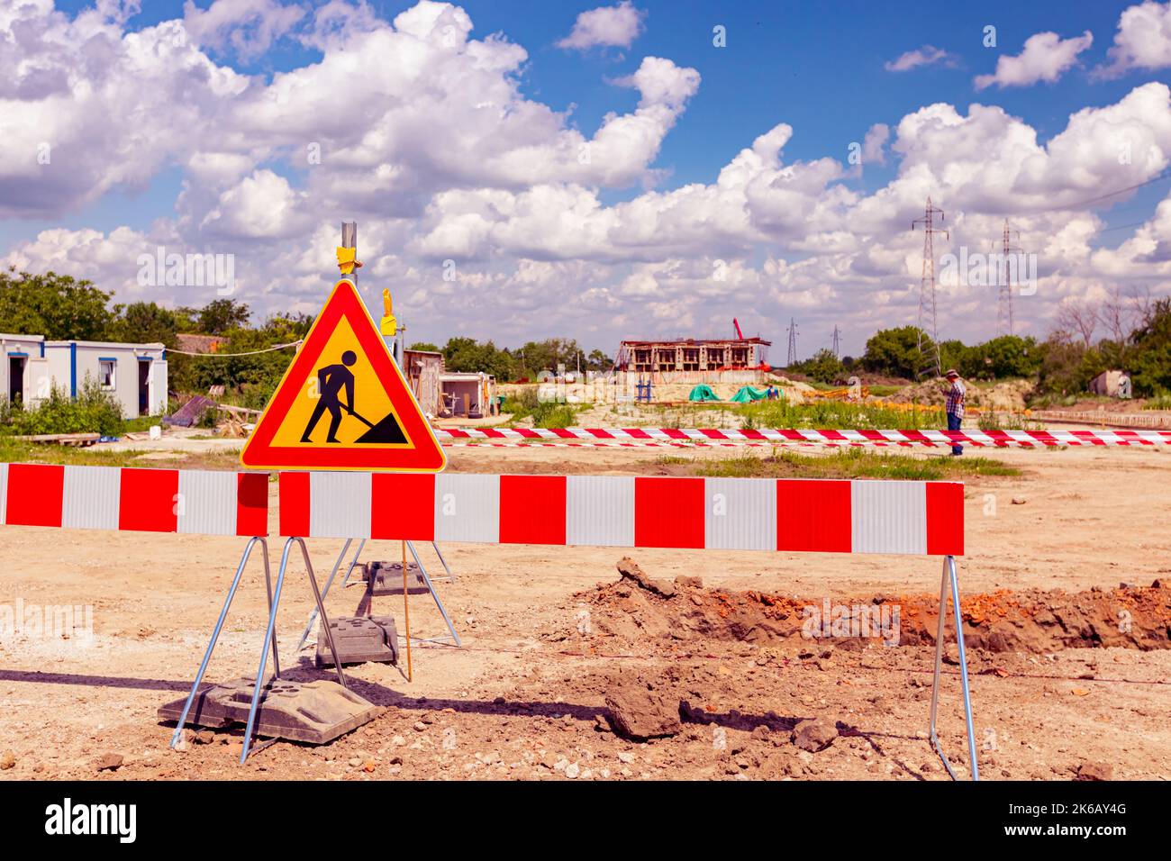 Work in progress, triangle sign with boundary, caution symbol, trench ...