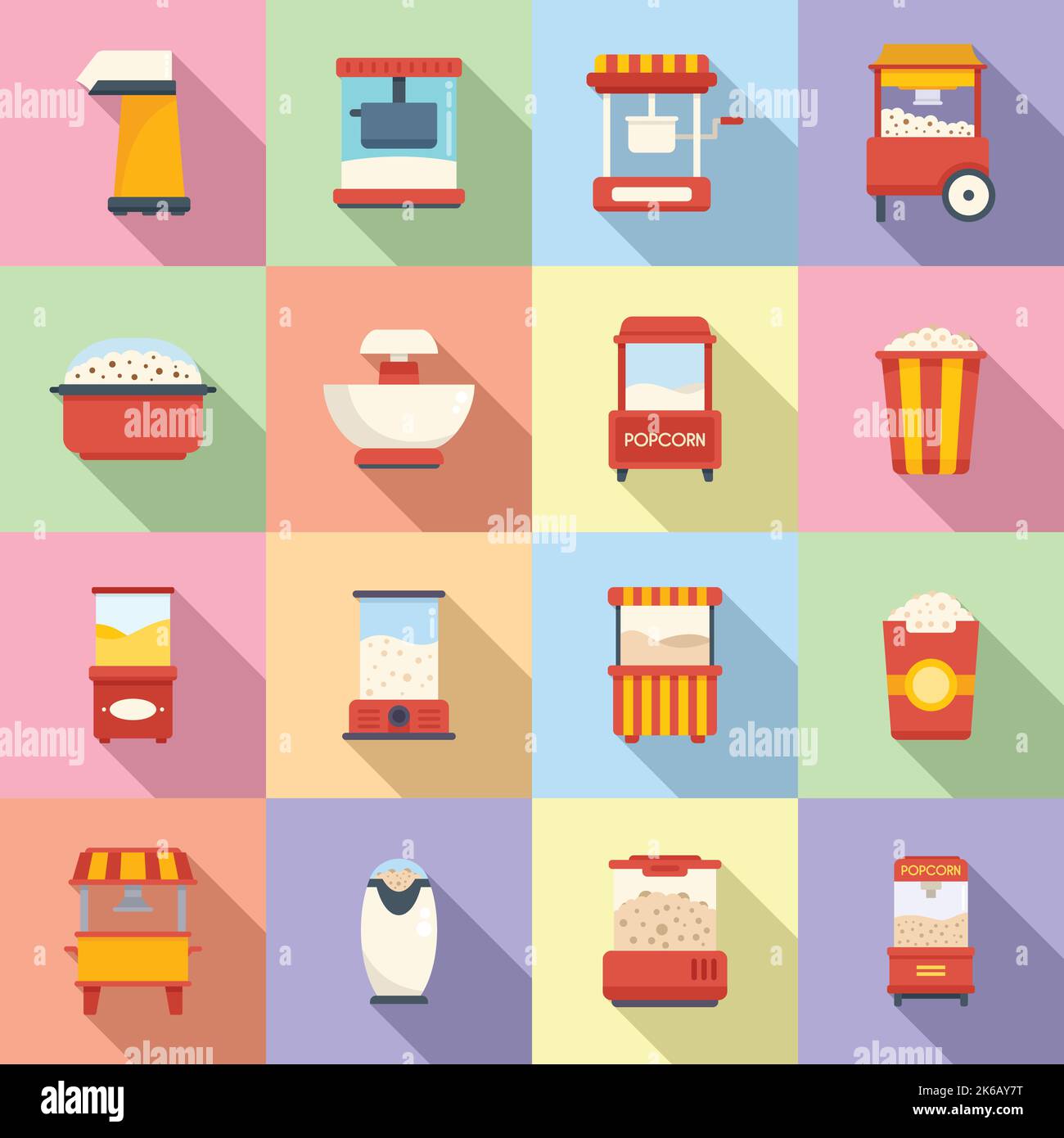Popcorn maker machine icons set flat vector. Cinema corn. Making cook ...