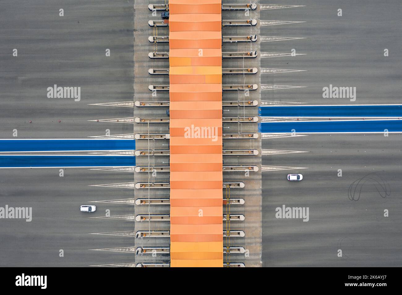 Aerial view of the toll on the C-32 highway in Cubelles (Garraf ...