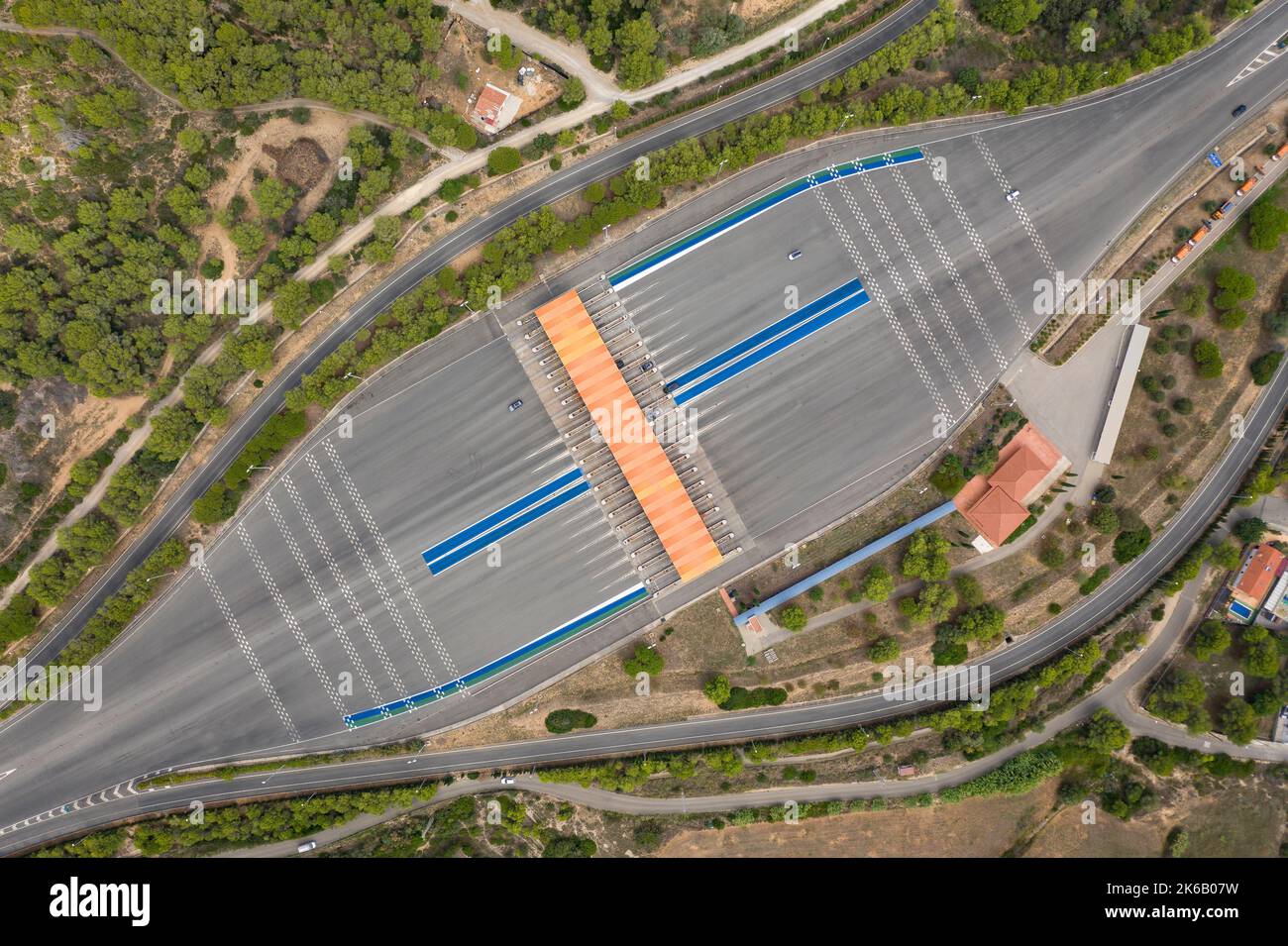 Aerial view of the toll on the C-32 highway in Cubelles (Garraf ...