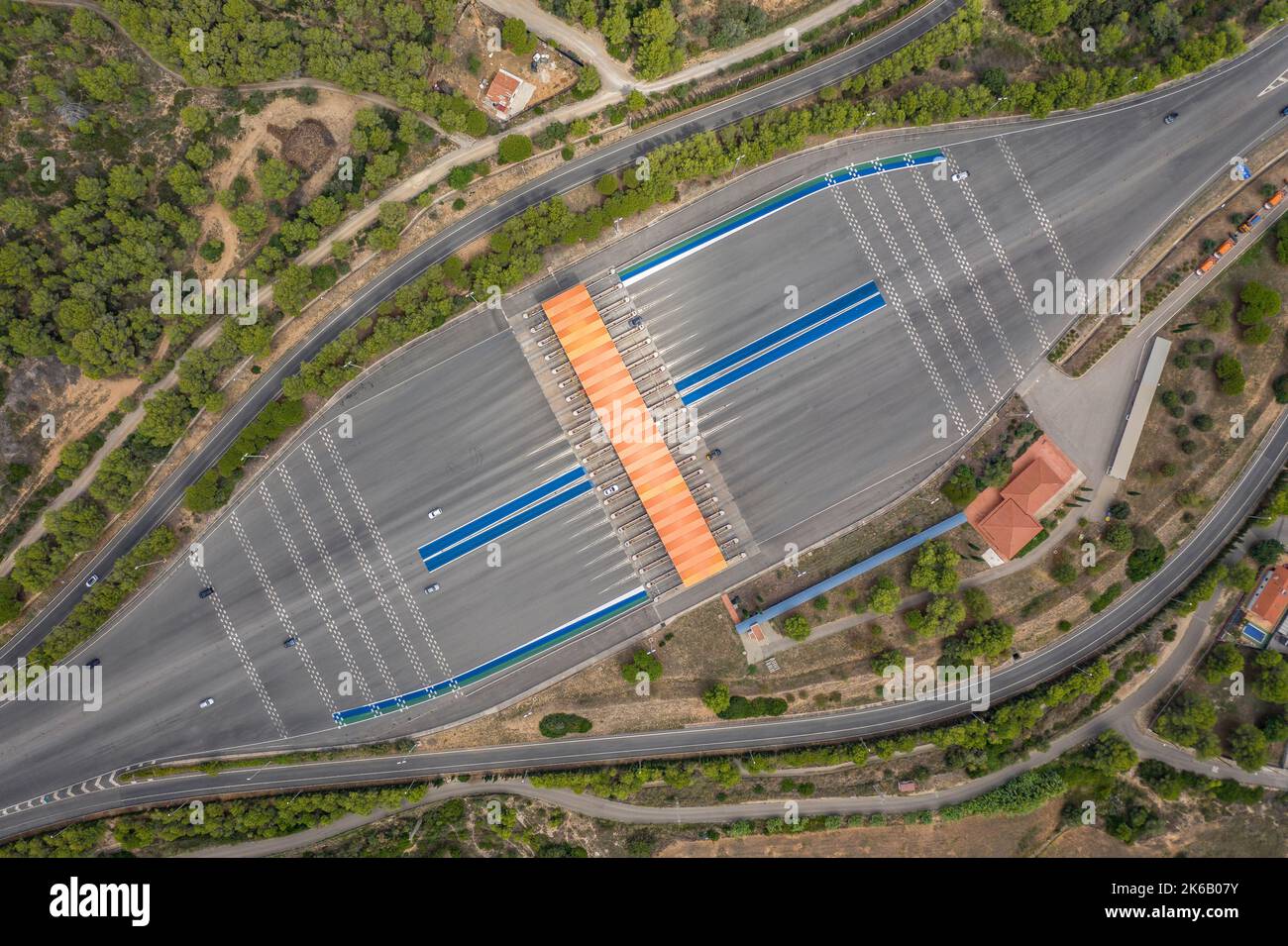 Aerial view of the toll on the C-32 highway in Cubelles (Garraf ...