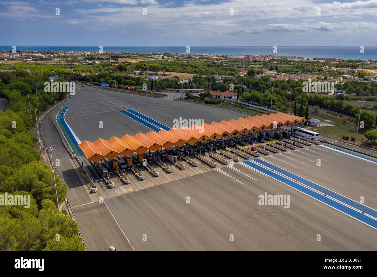 Aerial view of the toll on the C-32 highway in Cubelles (Garraf ...