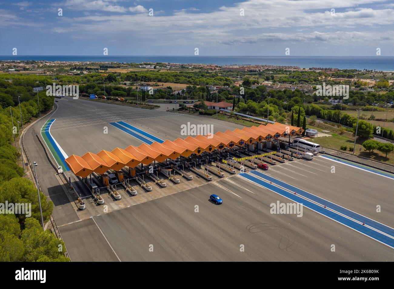 Aerial view of the toll on the C-32 highway in Cubelles (Garraf ...
