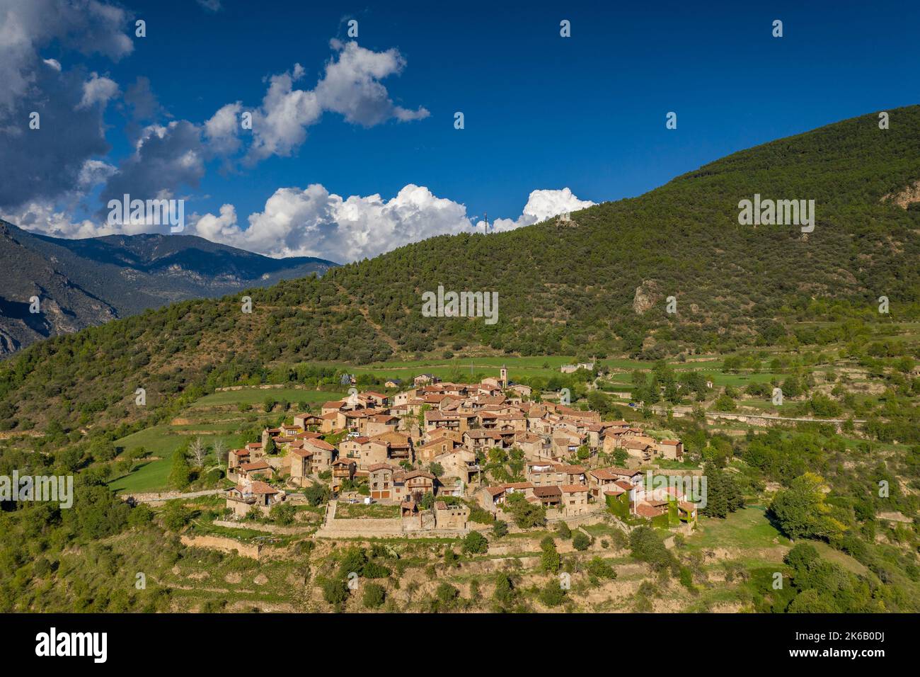 Aerial view of the village of Arsèguel on a summer afternoon (Alt ...