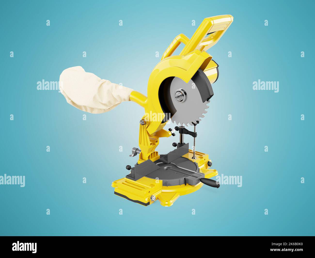 3d illustration of an angle grinder for wood with chip bag on blue ...