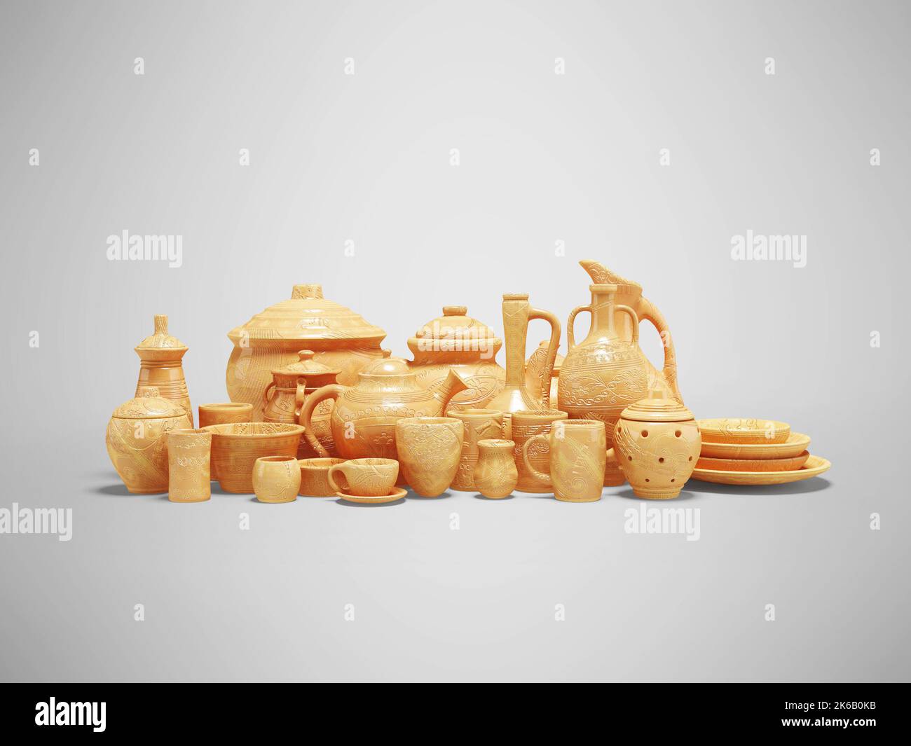 3d illustration of pottery with patterns on gray background with shadow ...