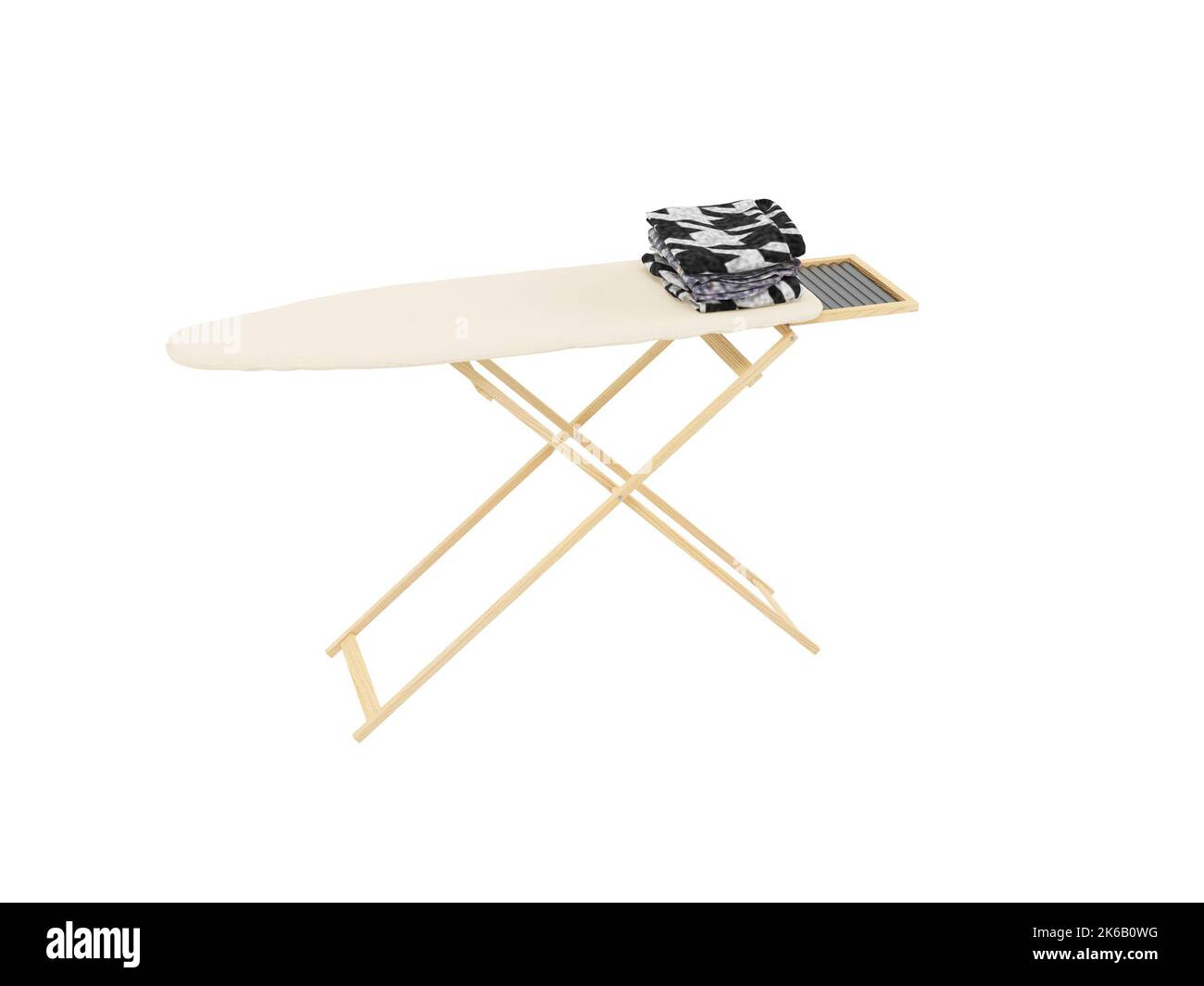 3D illustration of an ironing board with things on white background ...