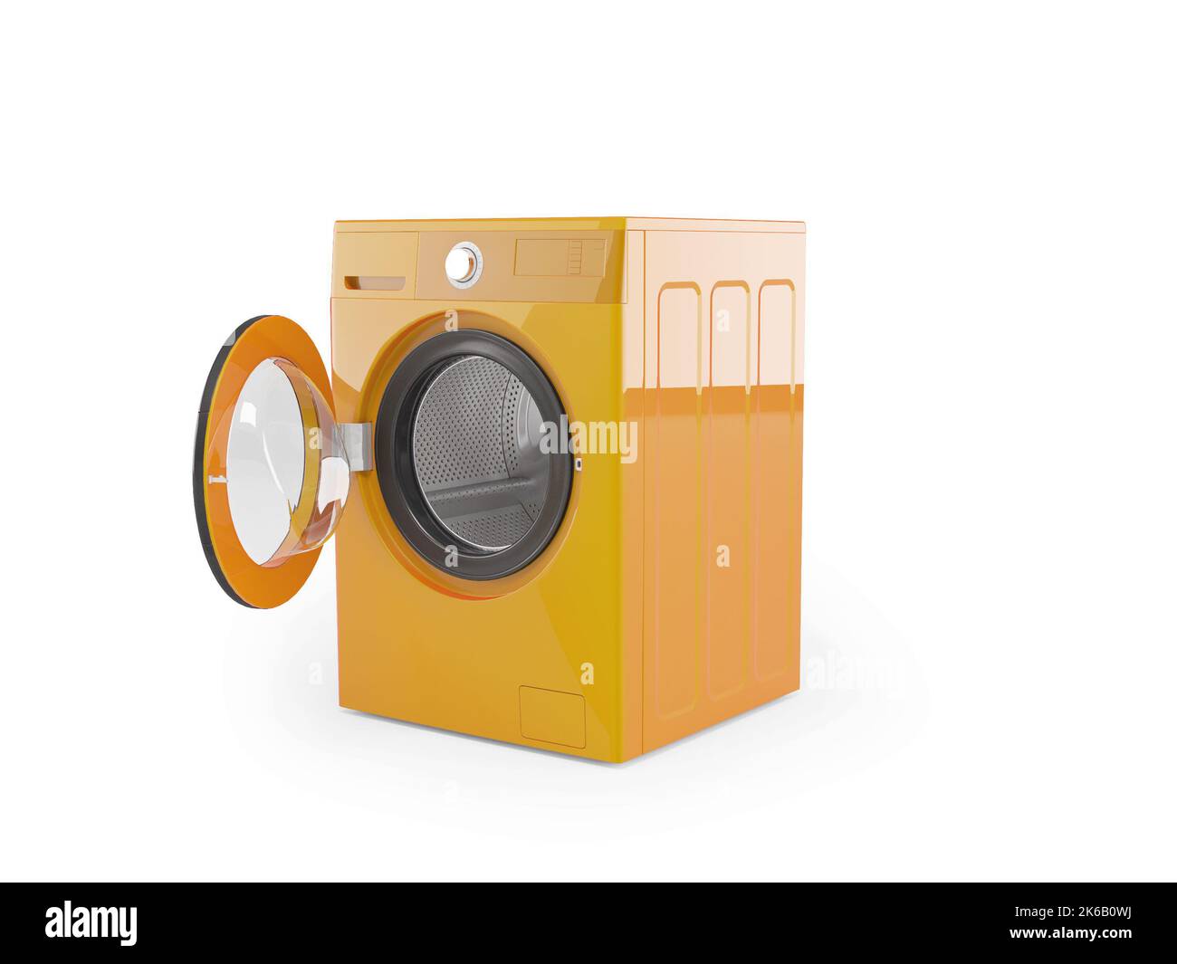 3D illustration of an orange washing machine on white background with ...