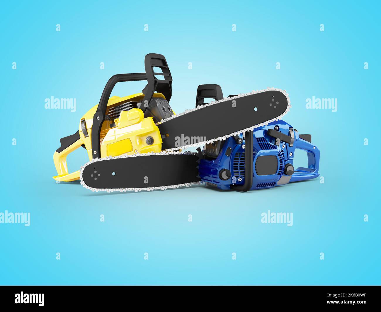 3D illustration of group of professional chainsaws on blue background ...