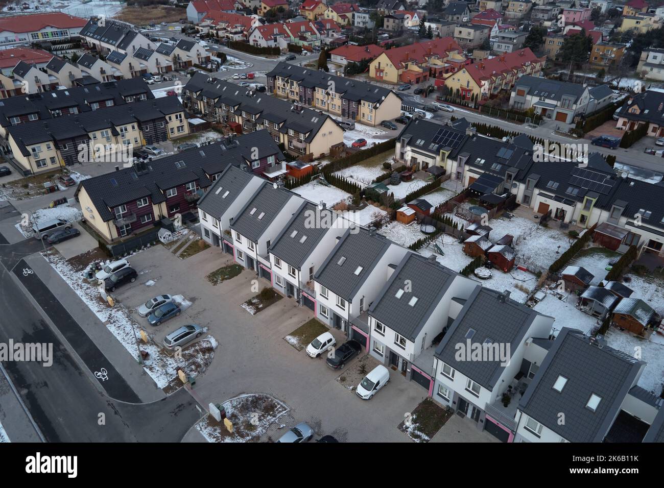 Winter season in Europe town, aerial view. Residential neighborhood ...