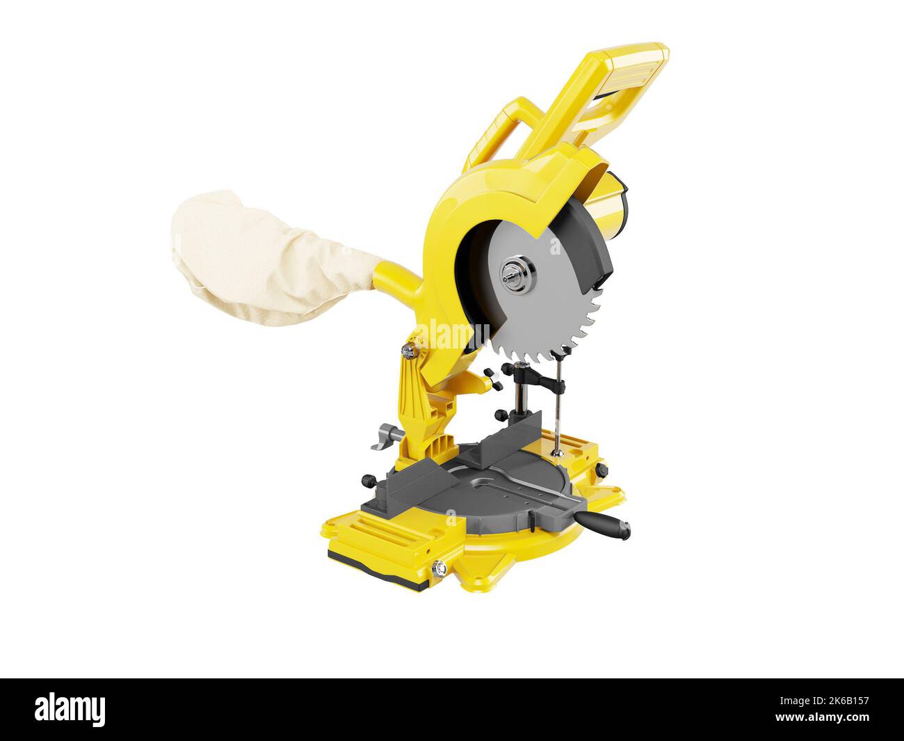 3d illustration of an angle grinder for wood with chip bag on white ...
