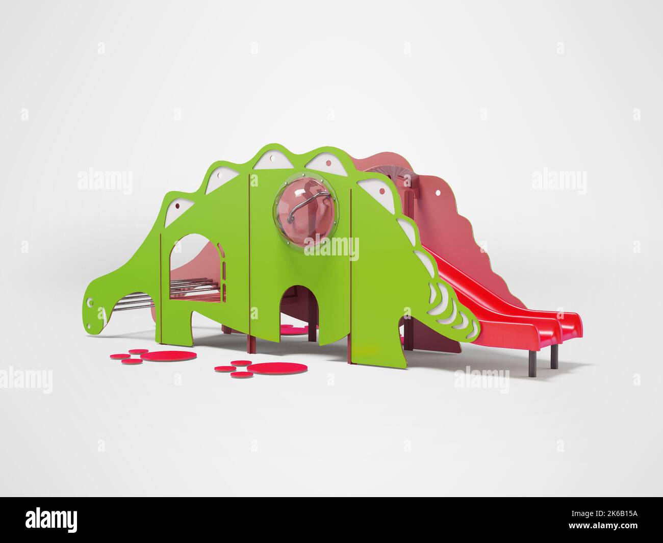 3D illustration of dinosaur playground with red slides on gray ...